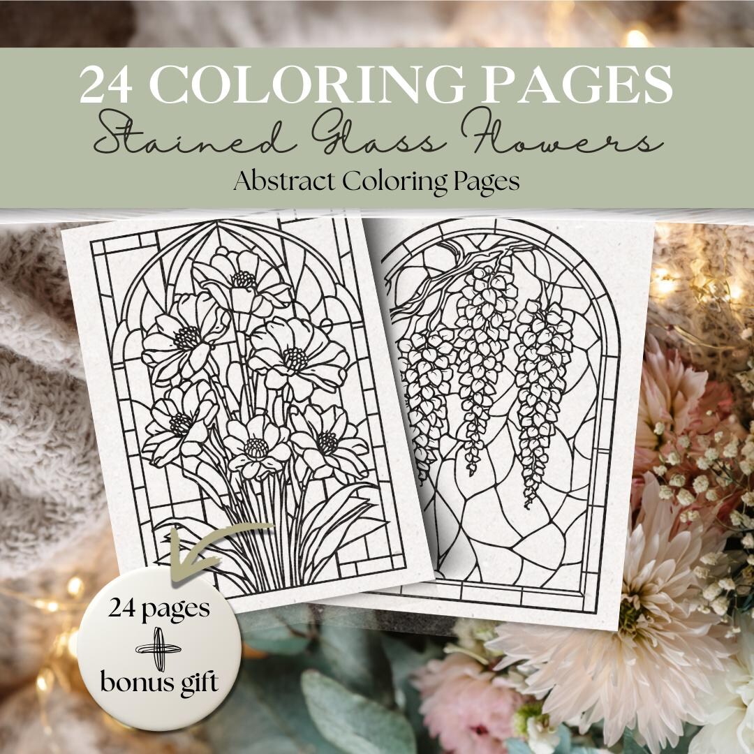 Stained Glass Flower Coloring Pages | 24 Printable Floral Panels ...