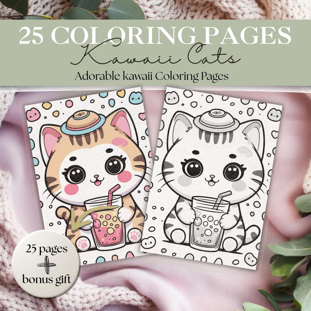 Super Cute Kawaii Cats Coloring Pages | Adorable Cat Printables | Bold ...