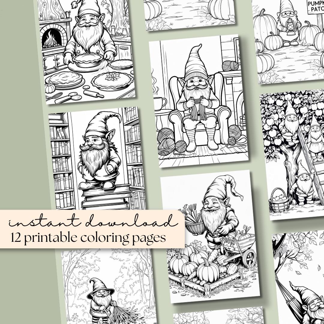 Cozy Fall Gnomes Coloring Pages for Kids & Teens | Cute Autumn Gnome ...