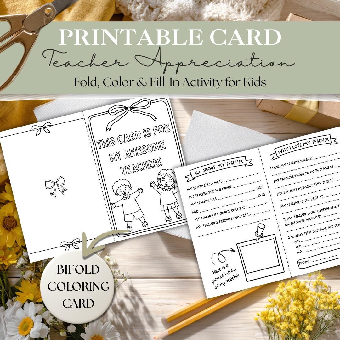 Teacher Appreciation Coloring Card to Print | Fold, Color & Fill-in ...