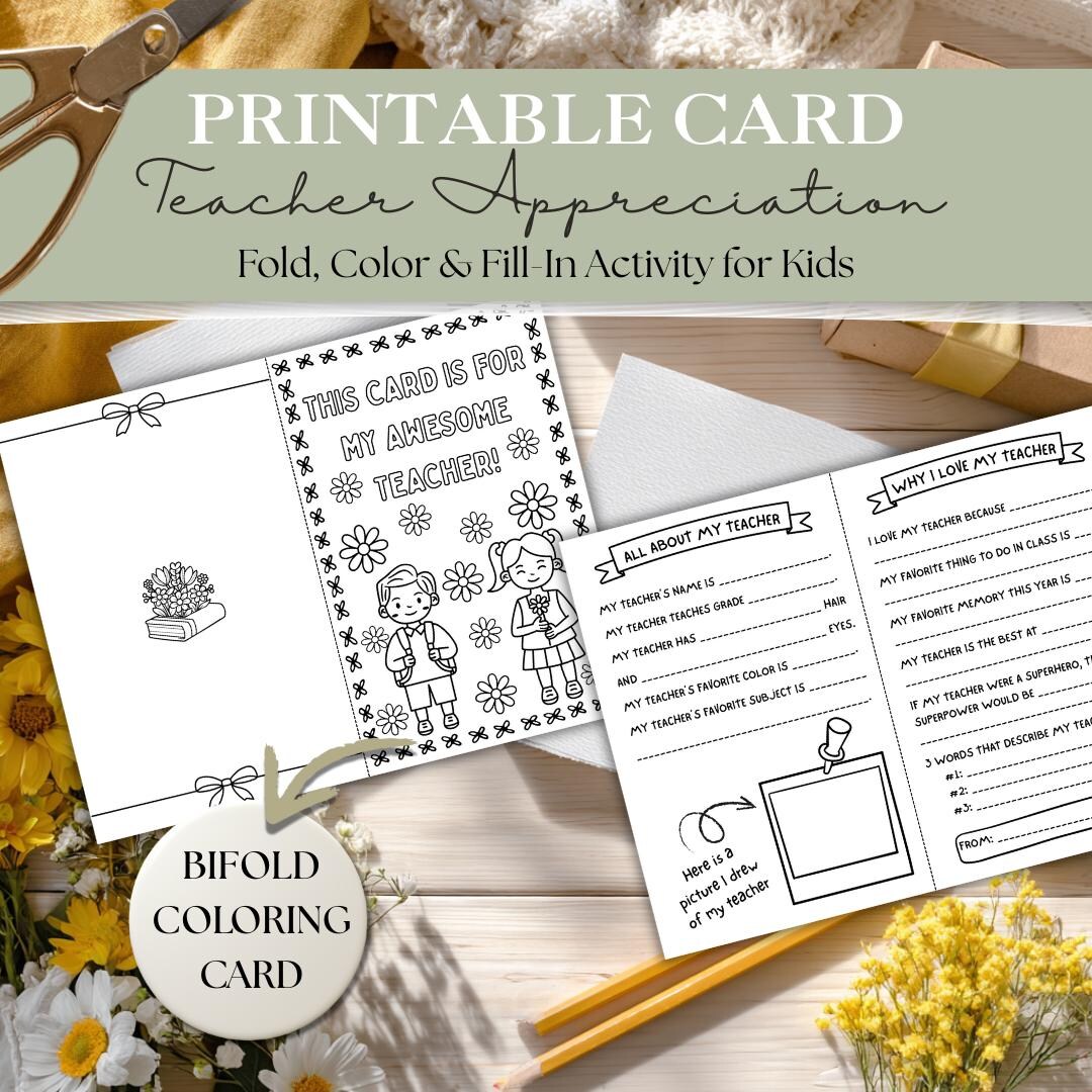 Teacher Appreciation Coloring Card to Print | Fold, Color & Fill-in ...