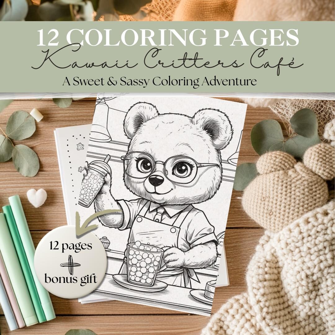 Kawaii Animals Café Coloring Book | 12 Printable Pages + Bonus | Cute ...