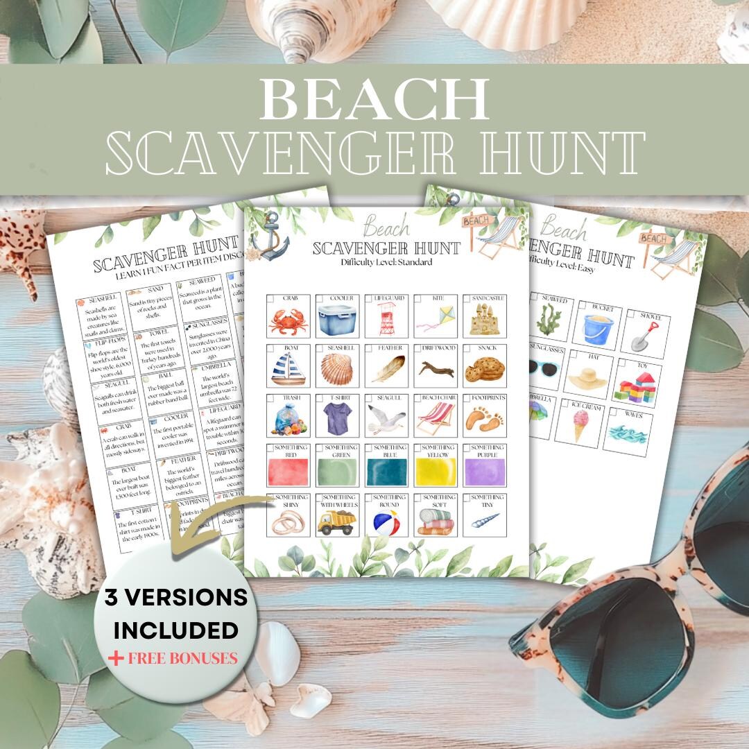 Beach Scavenger Hunt Printable for Kids | Vacation Game With 3 Levels ...