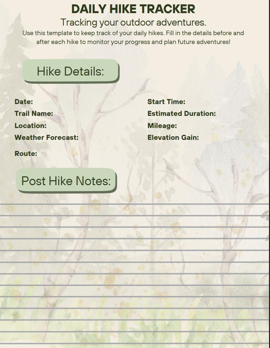 Hiking Tracker & Trail Log | Printable Outdoor Journal | Track Hikes ...