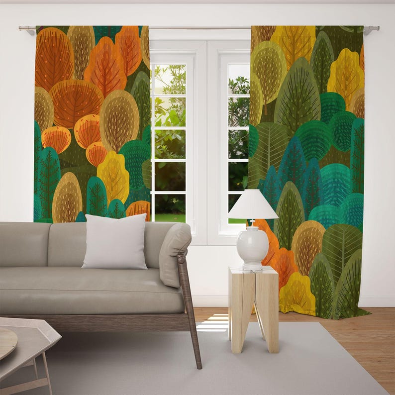 Forest Curtains, Woodland Leaves Drapes, Green & Orange Botanical ...