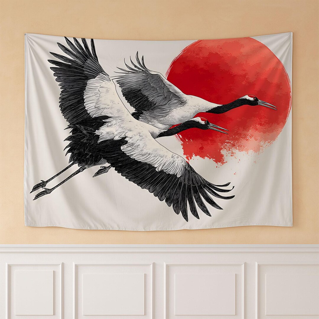 Japanese Crane Tapestry Red Sun Wall Hanging – Minimalist Asian Wall ...