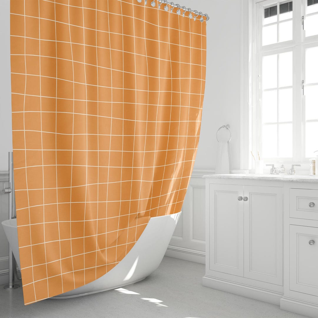 Orange Grid Shower Curtain – Modern Checkered Bathroom Decor ...