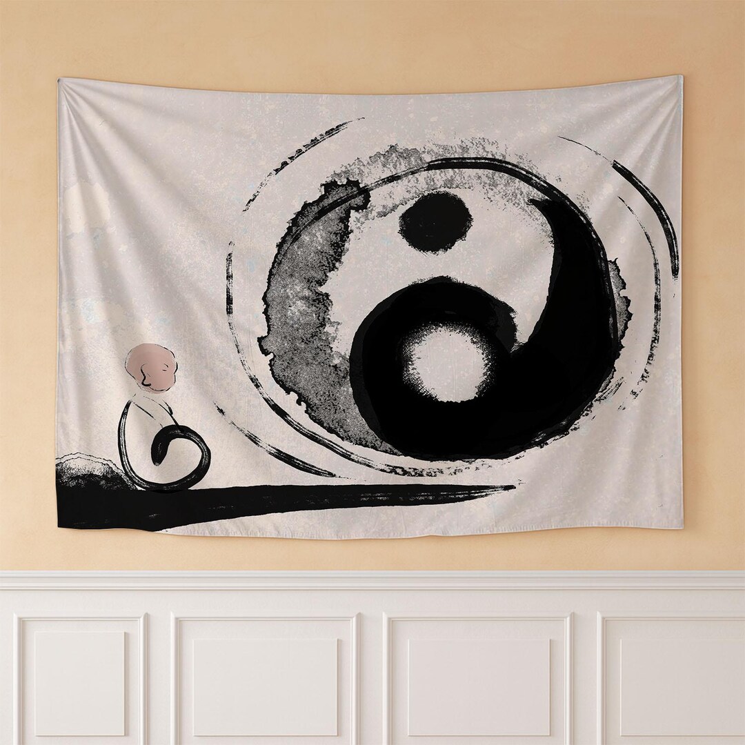 Yin Yang Tapestry Zen Monk Wall Hanging Japanese Ink Art Black White ...