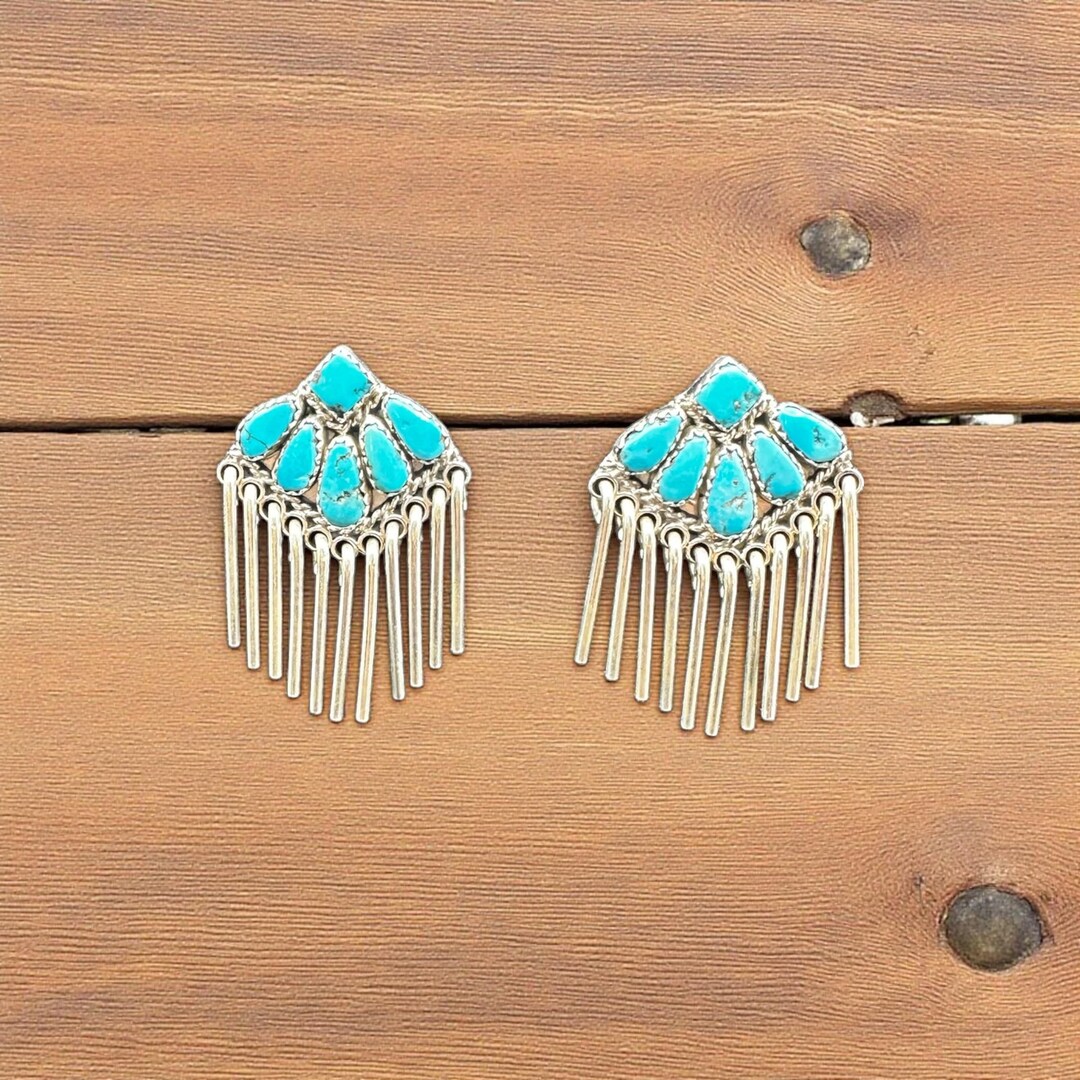 Turquoise and Sterling Silver Fringe Dangle - Stud Earrings ...