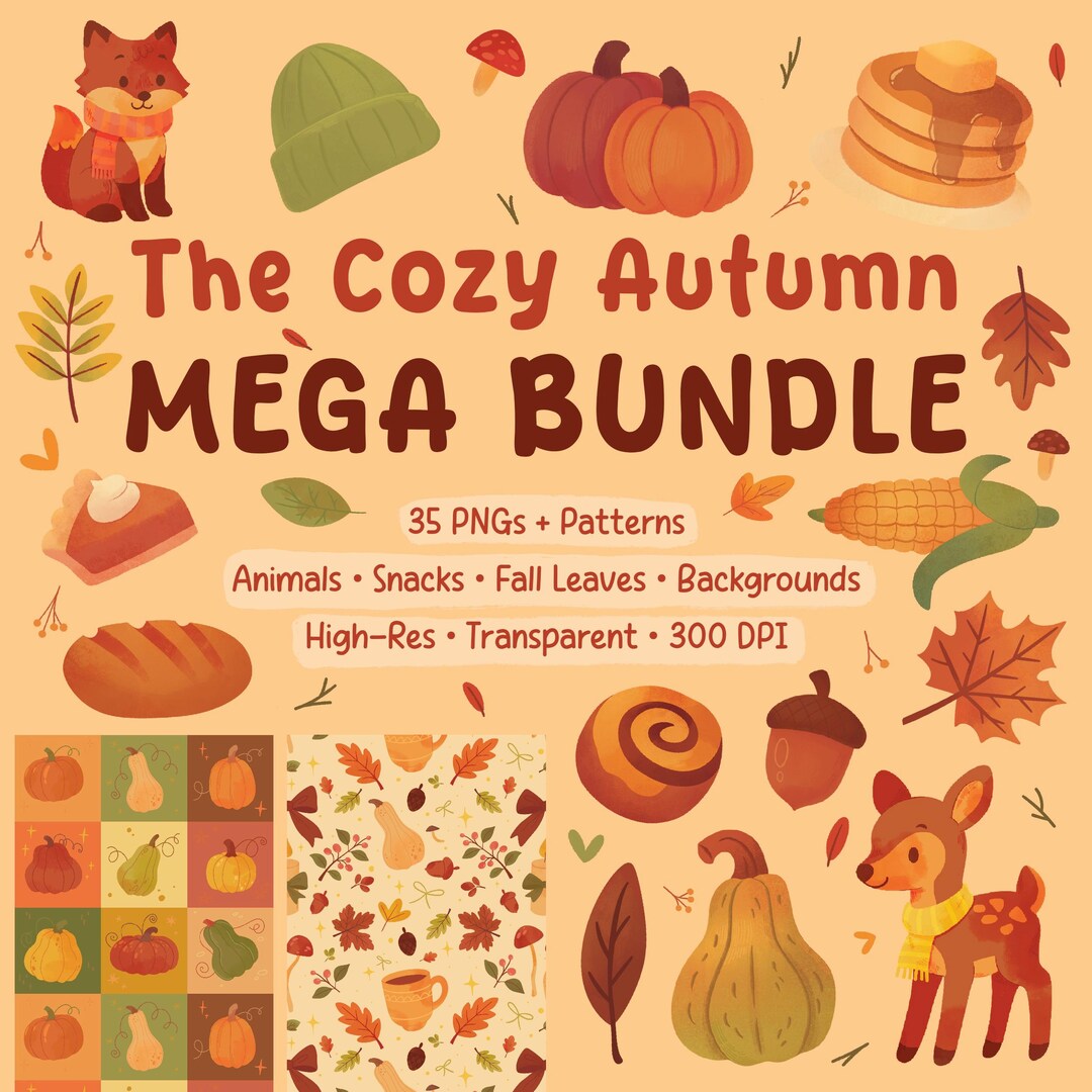Fall Clipart Mega Bundle: Cozy Autumn Pngs, Woodland Animals (digital ...