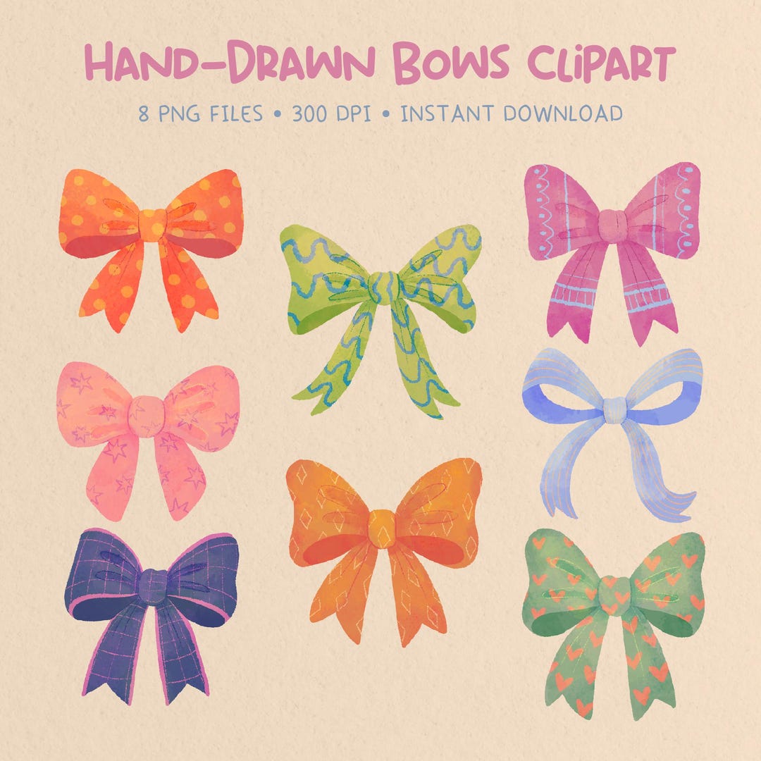 Bows Clipart Set – 8 PNG Files, Ribbon Bows, Pastel & Bright Colors ...