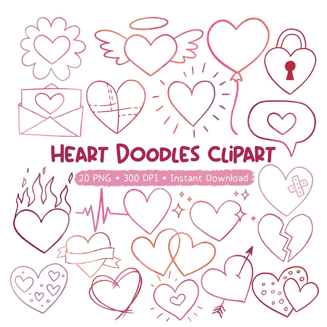 Hand Drawn Heart Doodles Clipart, Valentine's Day PNG (digital Download ...