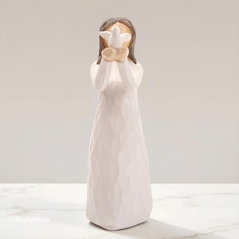 Handcrafted Resin Figurine | Faceless Girl Holding Dove Bird Sculpture ...