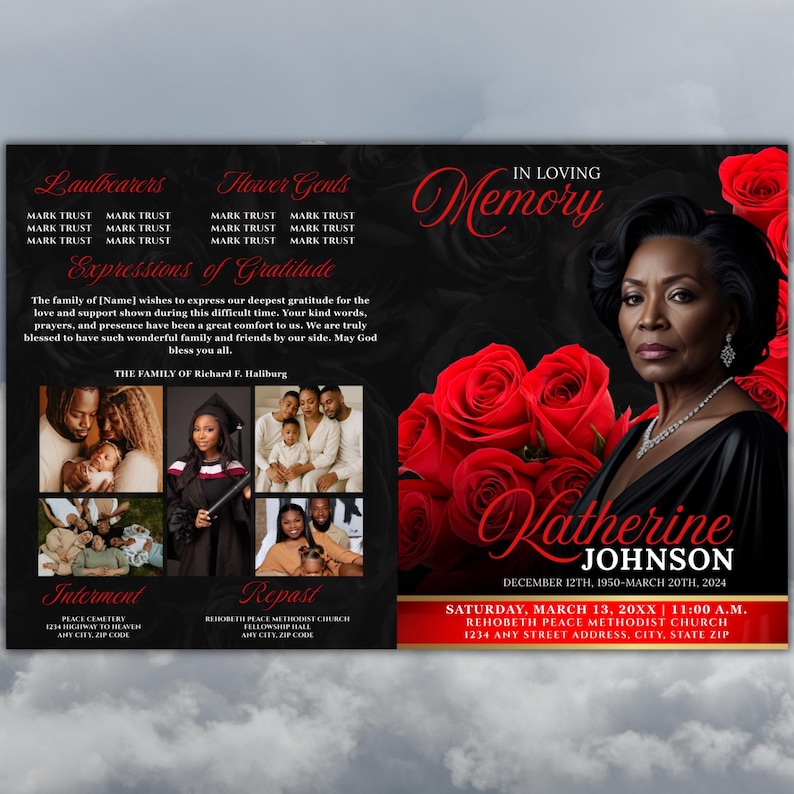 Red Roses Funeral Program Template, Celebration of Life (canva, Digital ...