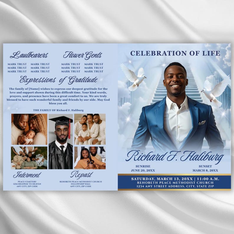 Blue & White Funeral Program Template, Celebration of Life (canva ...