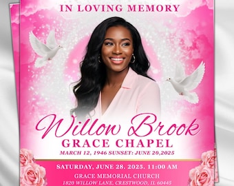 Pink Memorial Funeral Announcement Flyer: Canva Template (8x8 PDF ...