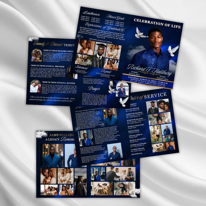 Blue Funeral Program Template, Obituary, Memorial (canva, Digital ...