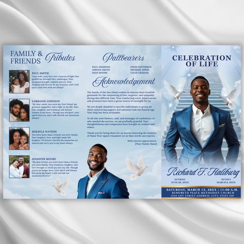 Blue & White Funeral Program Trifold Template, Celebration of Life (DIY ...