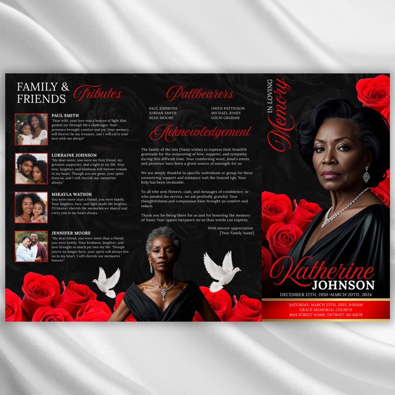 Red Roses Funeral Program Template, Celebration of Life (DIY Canva) - Etsy