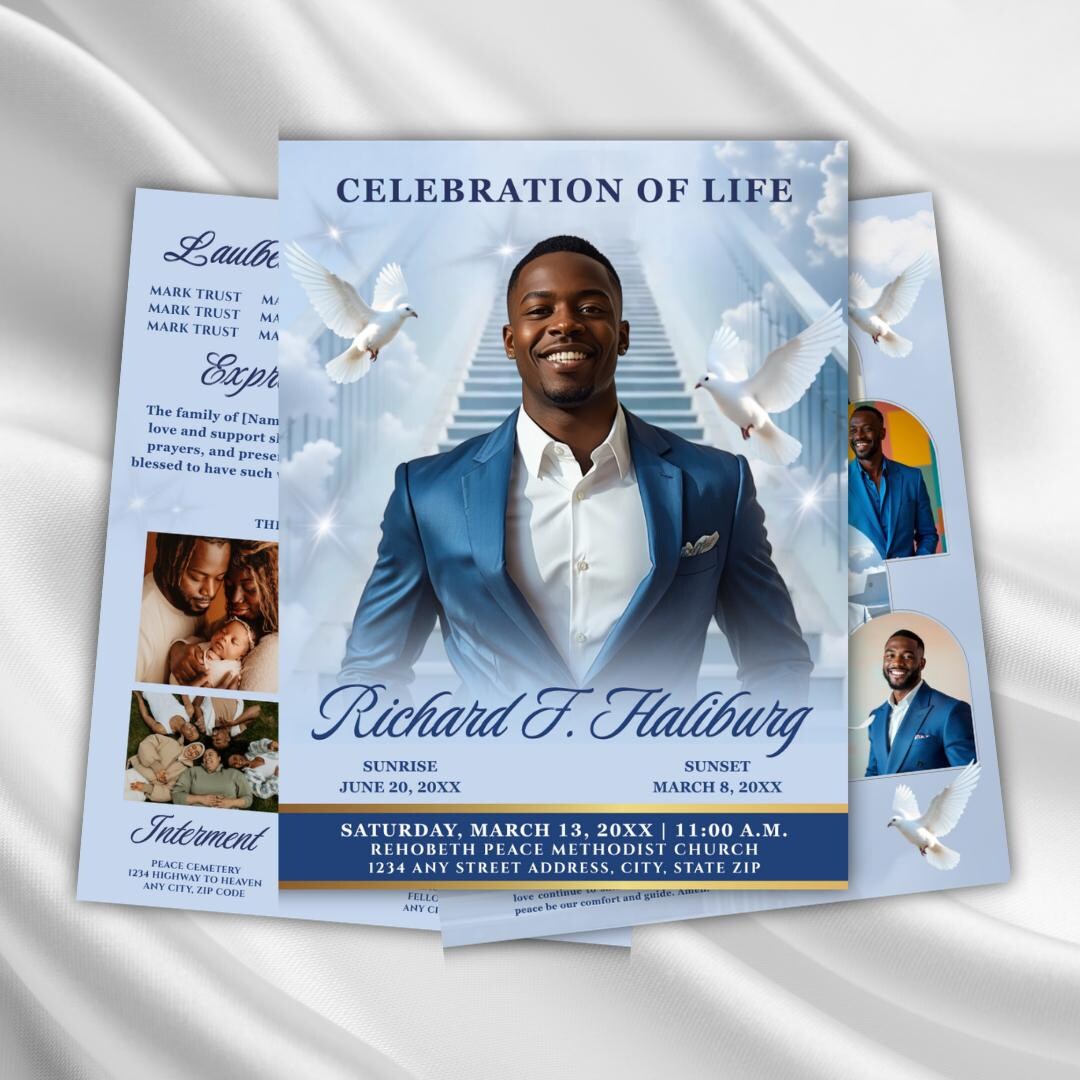 Blue & White Funeral Program Template, Celebration of Life (canva ...