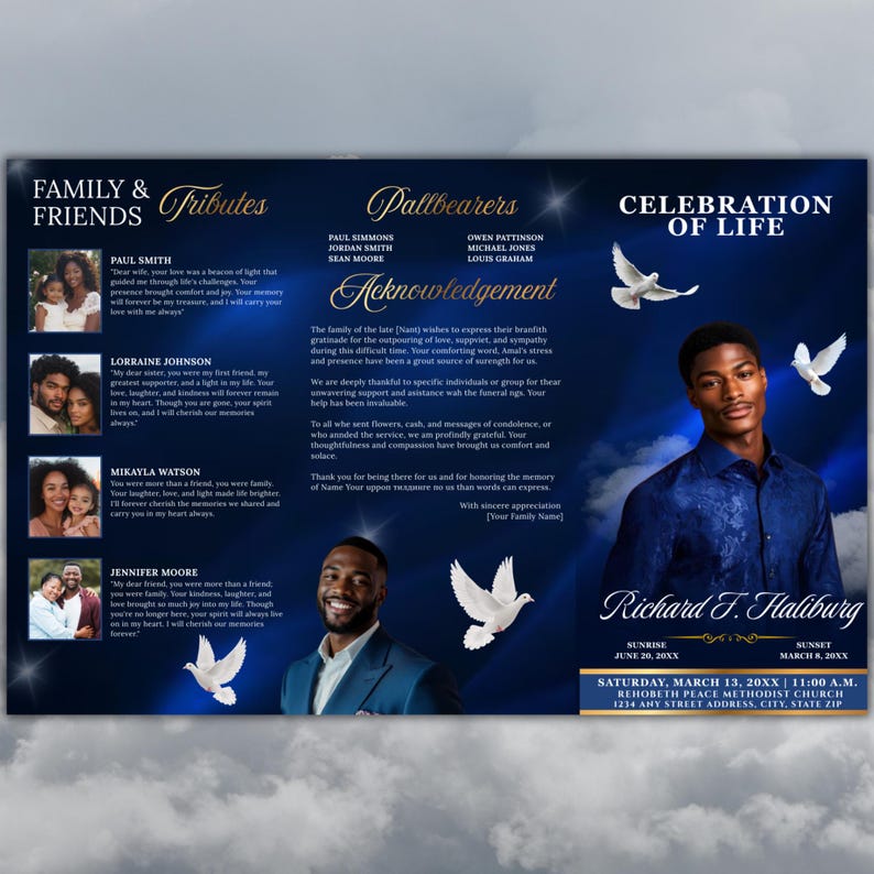 Blue Funeral Program Trifold Template, Celebration of Life (DIY Canva ...