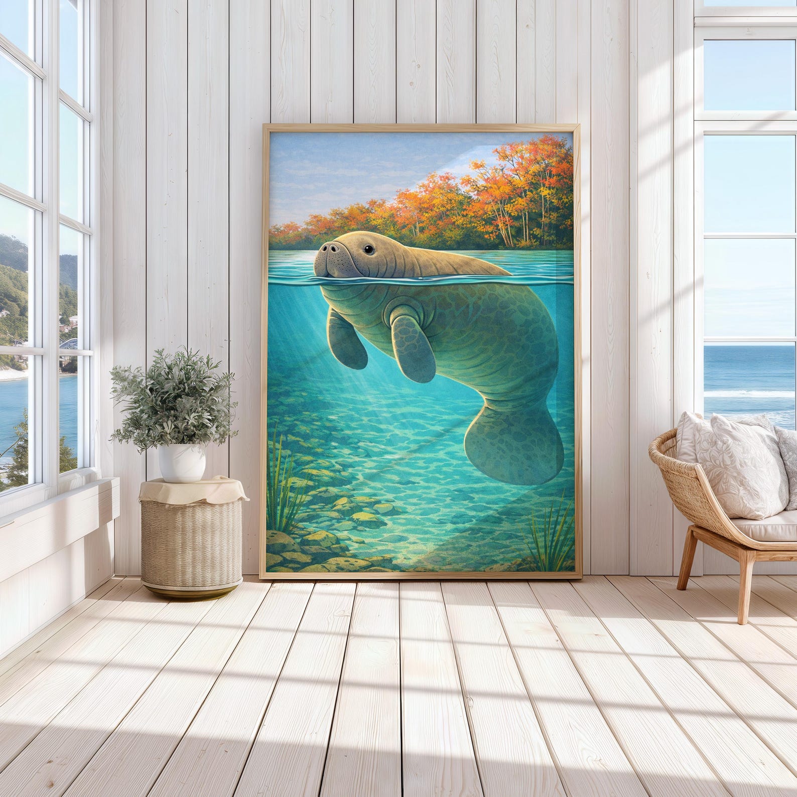 Florida Manatee Wall Art Print Coastal Ocean Animal Artwork Manatee ...