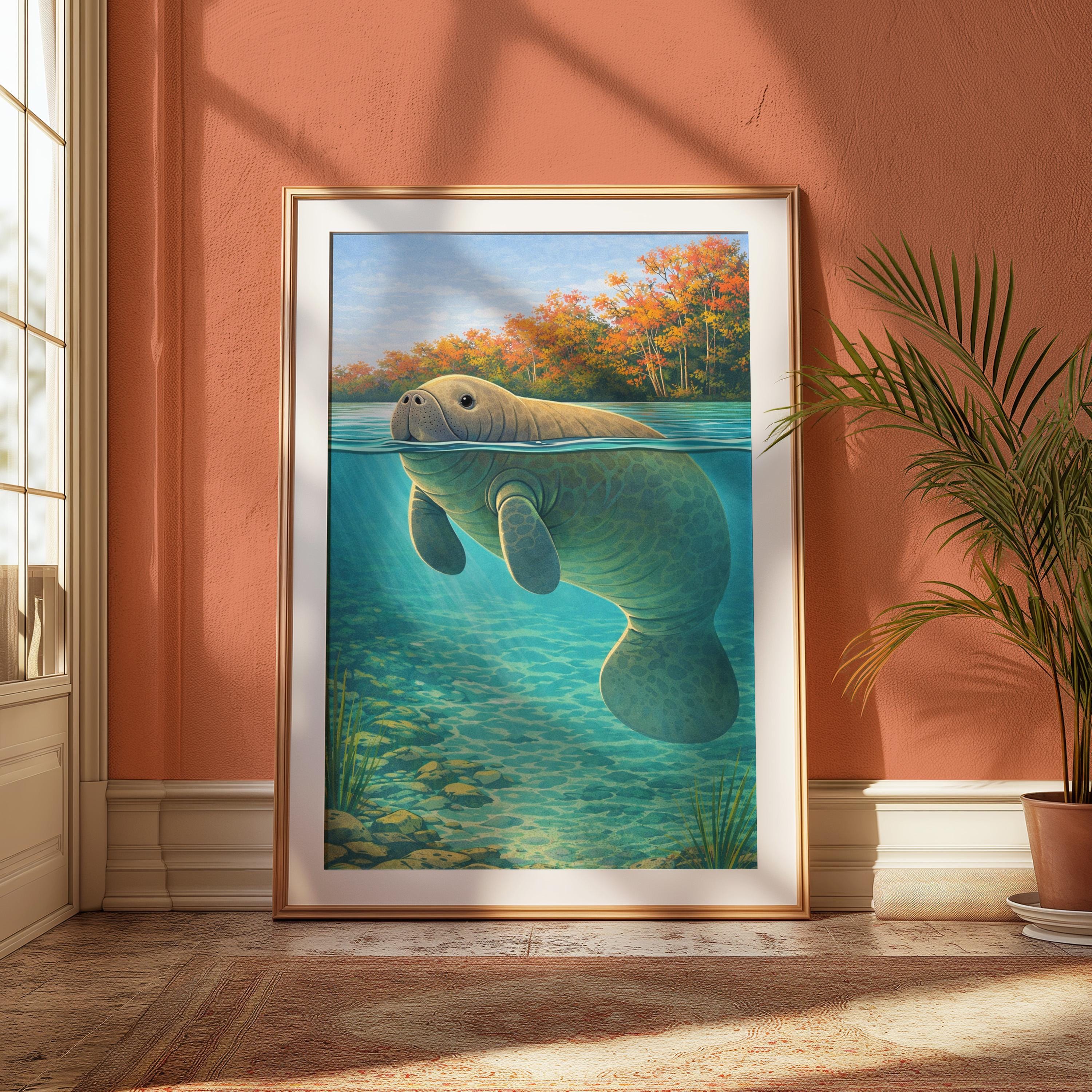 Florida Manatee Wall Art Print Coastal Ocean Animal Artwork Manatee ...