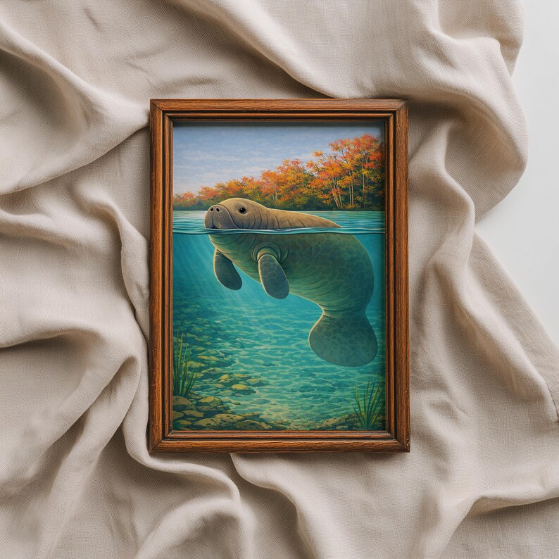 Florida Manatee Wall Art Print Coastal Ocean Animal Artwork Manatee ...