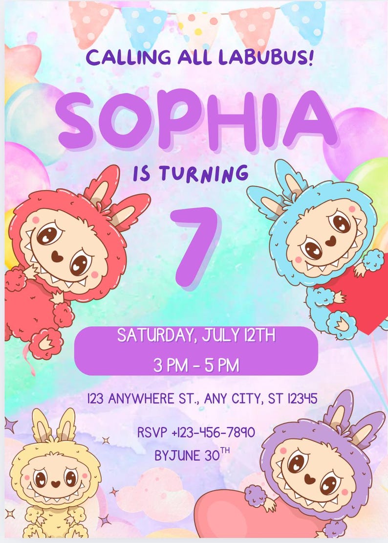Labubu | Birthday Party Invitation | Editable Canva Template | Instant ...