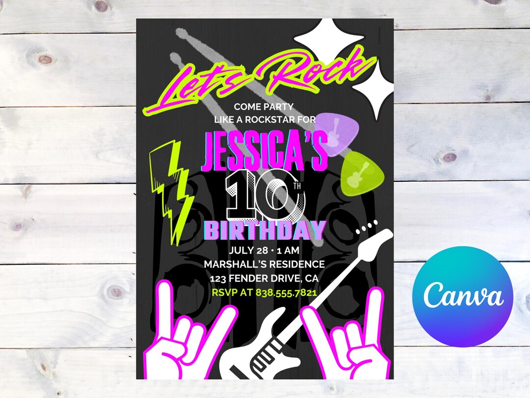 Let's Rock Birthday Party Invitation, Rock and Roll, Punk, Guitar, Rad ...