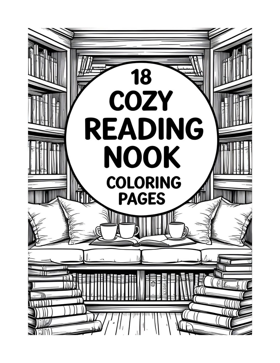 Cozy Reading Nook Coloring Pages: Book Lover's Designs (digital ...