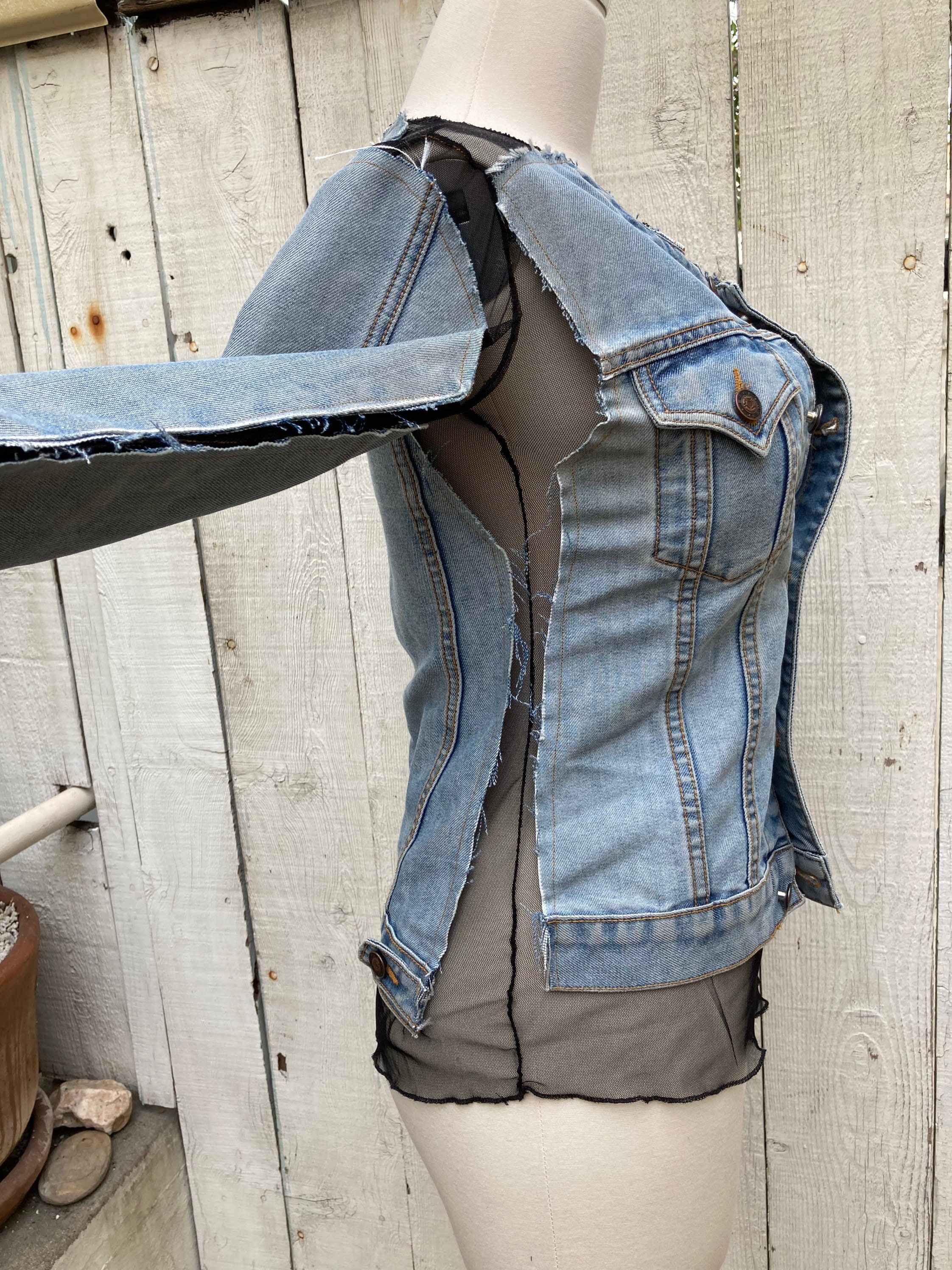 Recycled Deconstructed Denim Jacket and Black Mesh Long Sleeve - Etsy UK