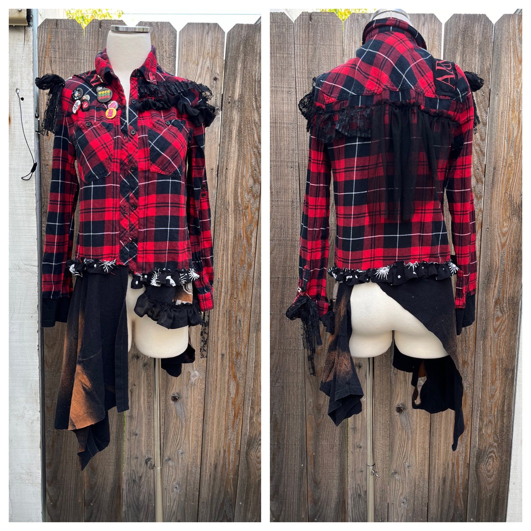 Up Cycled Patchwork Plaid Punk Button up Shirt With All Over Pins ...
