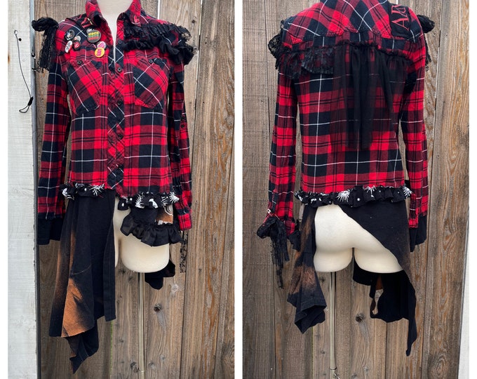 Up Cycled Patchwork Plaid Punk Button up Shirt With All Over Pins ...