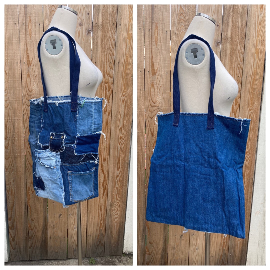 Recycled Selvage Patchwork Frayed Denim Jeans Medium Sized Tote Bag ...