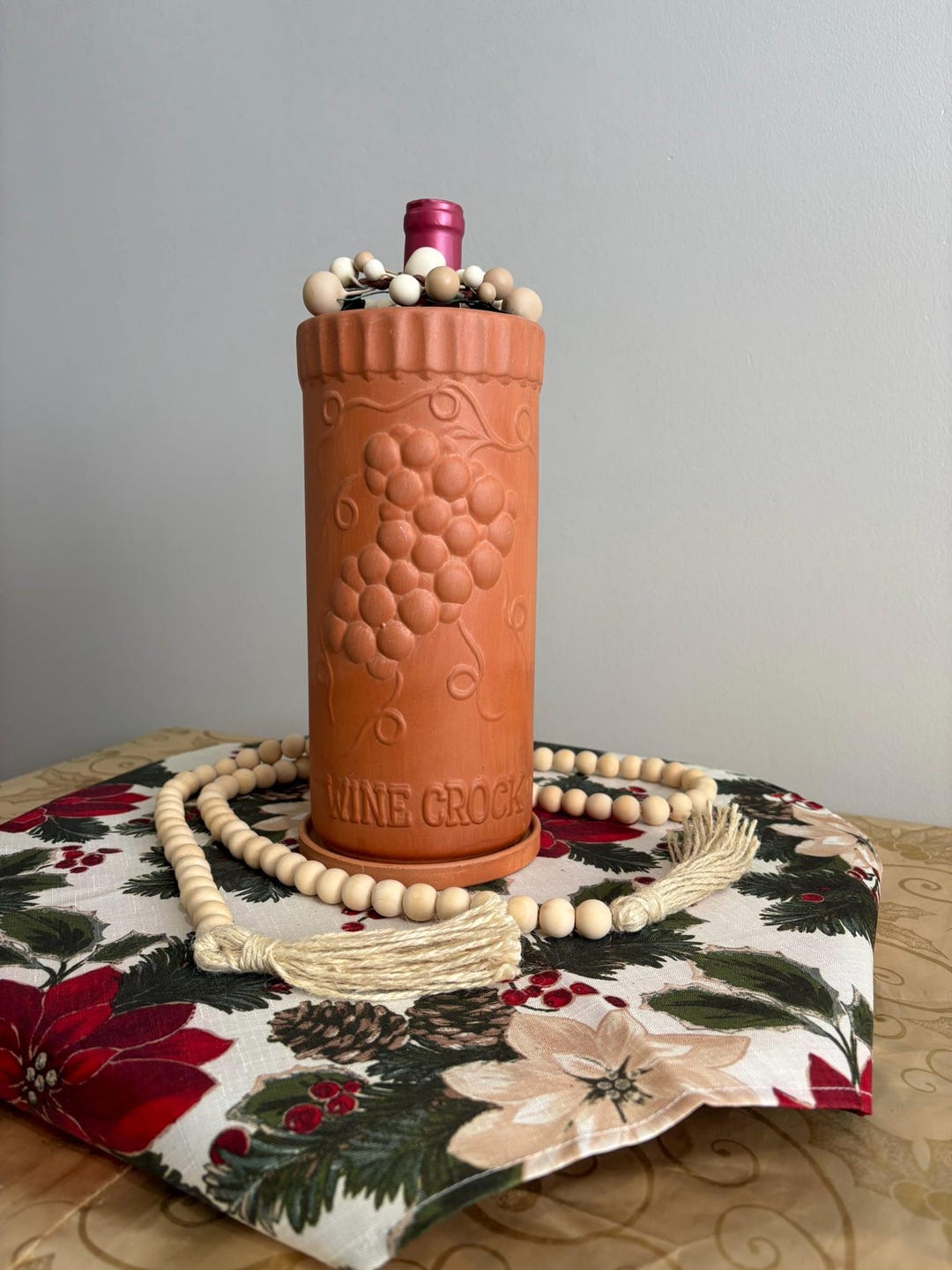 Vintage Terracotta Wine Crock | Grape Motif Ceramic Utensil Holder ...