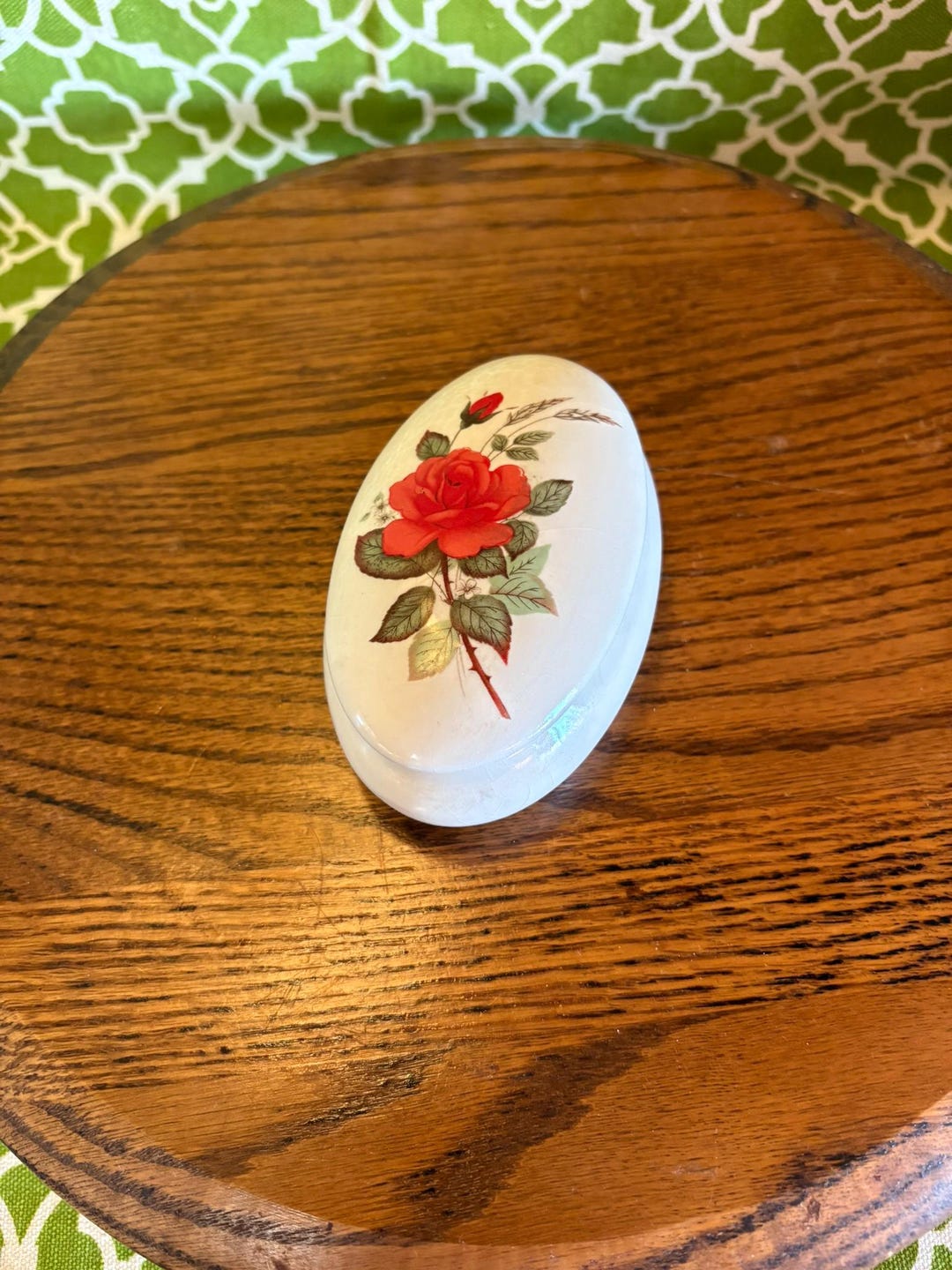 Vintage Red Rose Ceramic Trinket Box | Oval Floral Jewelry Dish ...
