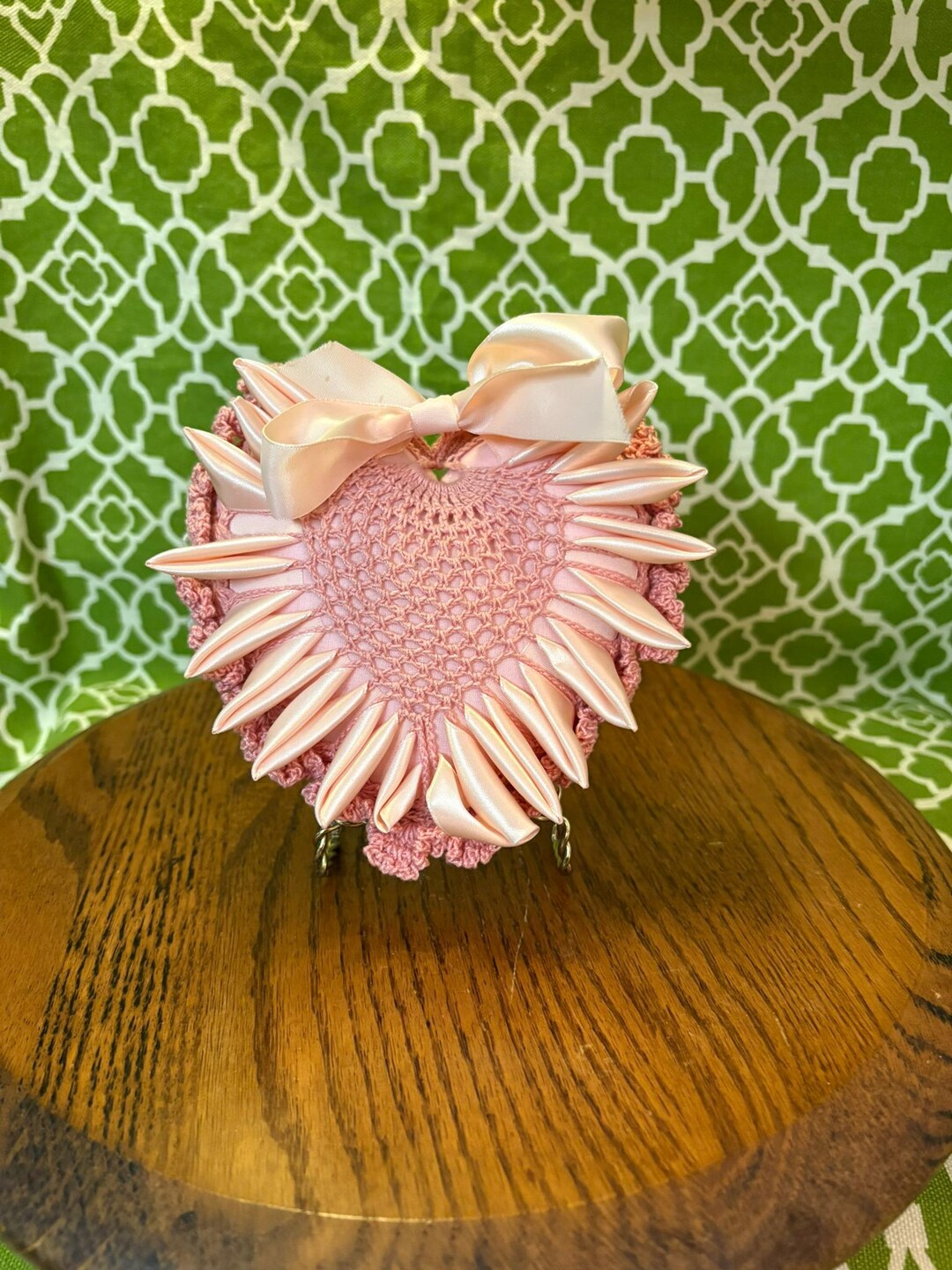 Vintage Pink Crochet Heart Sachet | Satin Ribbon Petal Heart Pillow ...