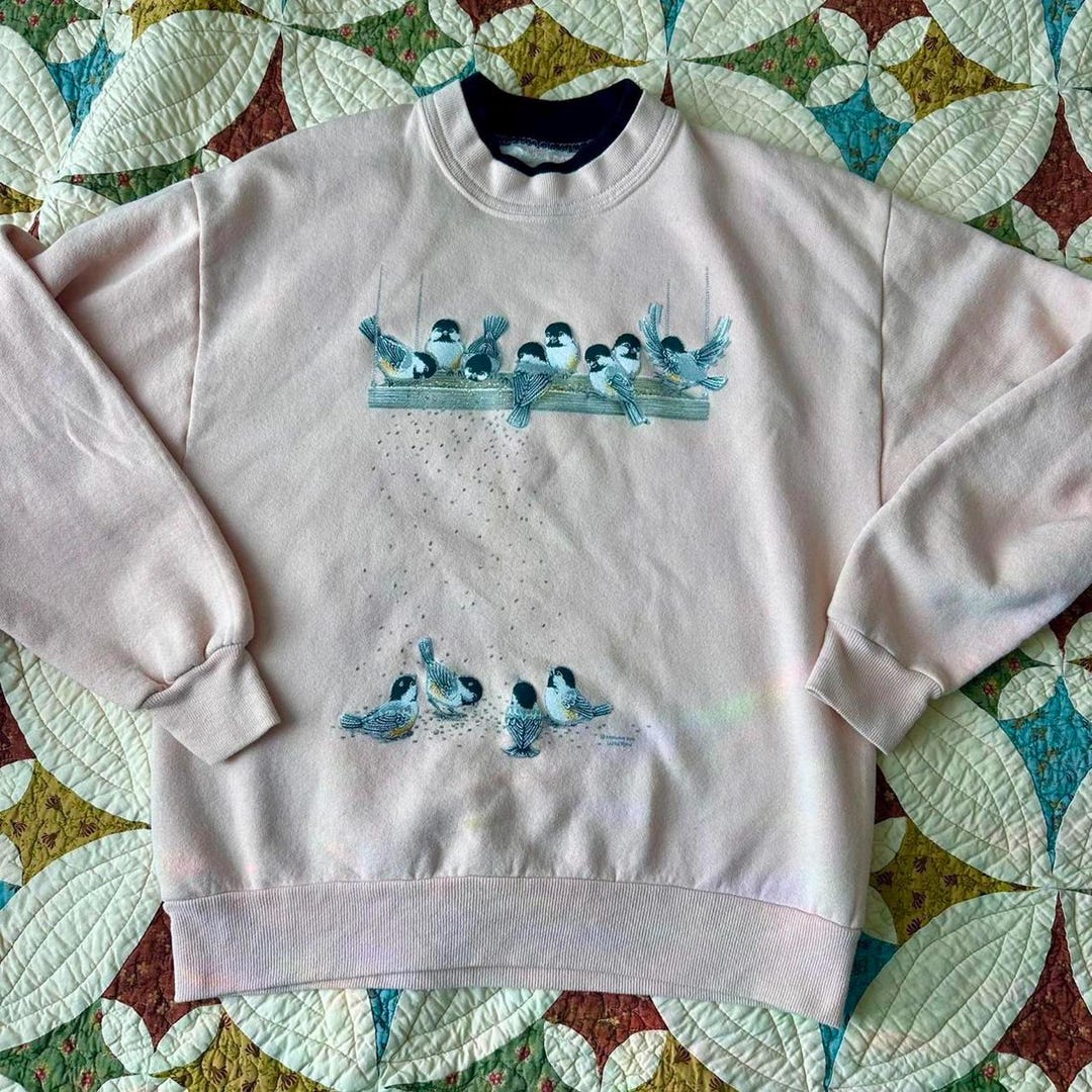 Pink Crewneck Double Collar Grandma Sweater With Birds - Etsy
