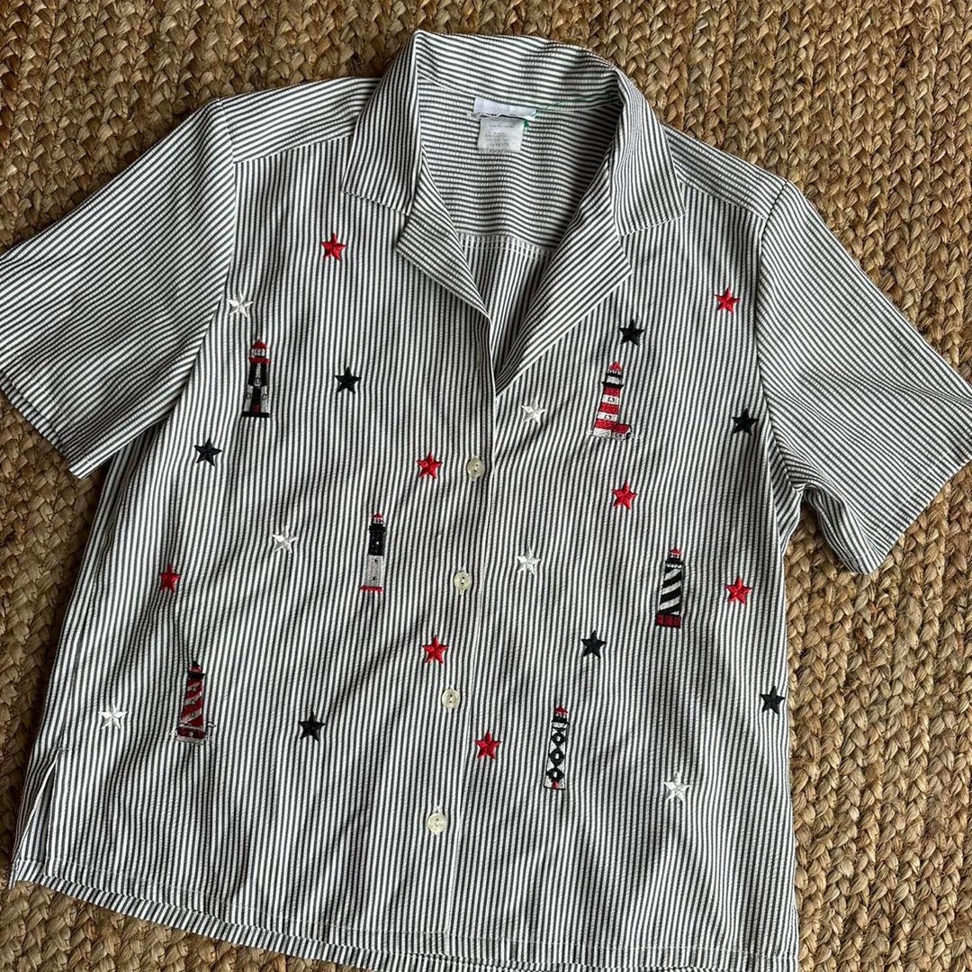 Vintage Black & White Striped Button-up Shirt With Lighthouse ...