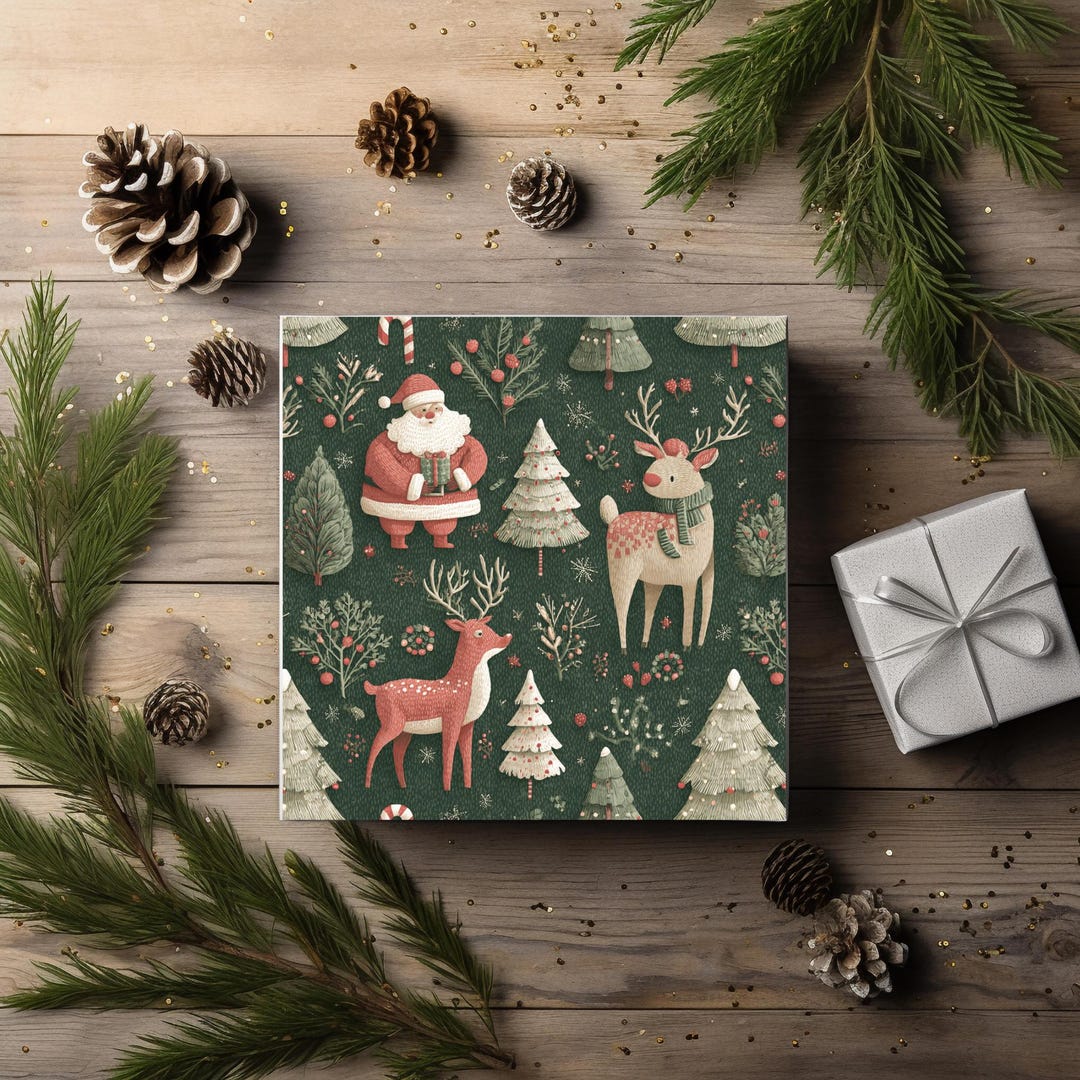Retro Christmas Wrapping Paper | Vintage Santa & Reindeer Holiday Wrap ...