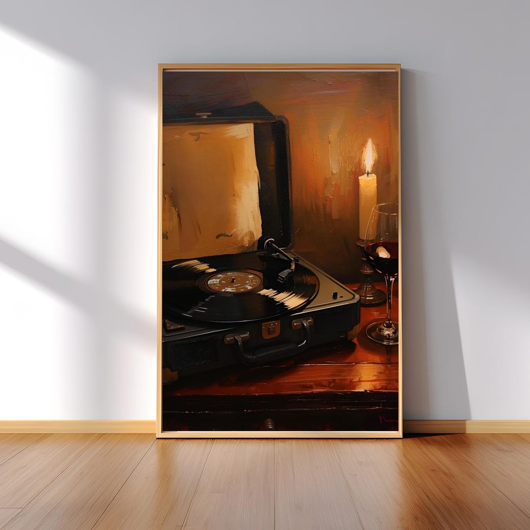 Retro Vinyl Wall Art, Vintage Record Player Poster, Candlelit Music ...