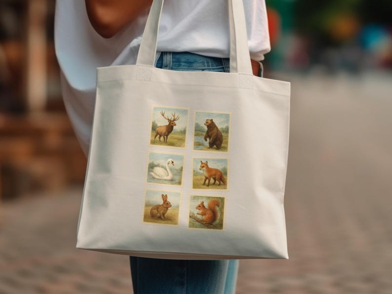 Vintage Animal Postage Stamp Digital PNG, Deer Bear Fox Swan Squirrel ...