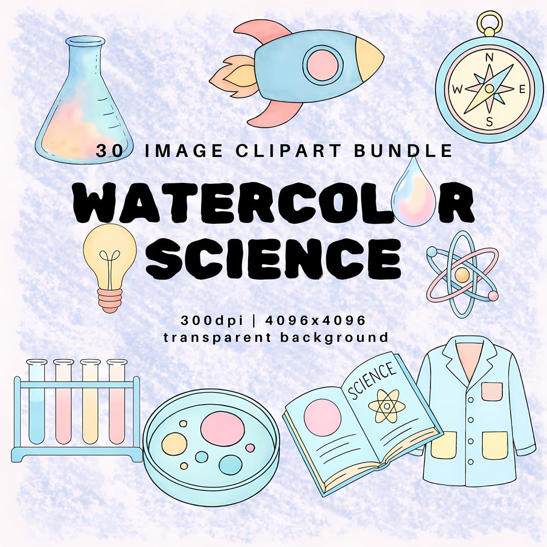 Watercolor Science Clipart Bundle, Simple Lab Equipment PNG, Artistic ...