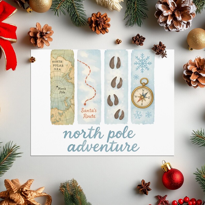 North Pole Adventure Clipart | Santa Map, Compass, Footprints (digital ...