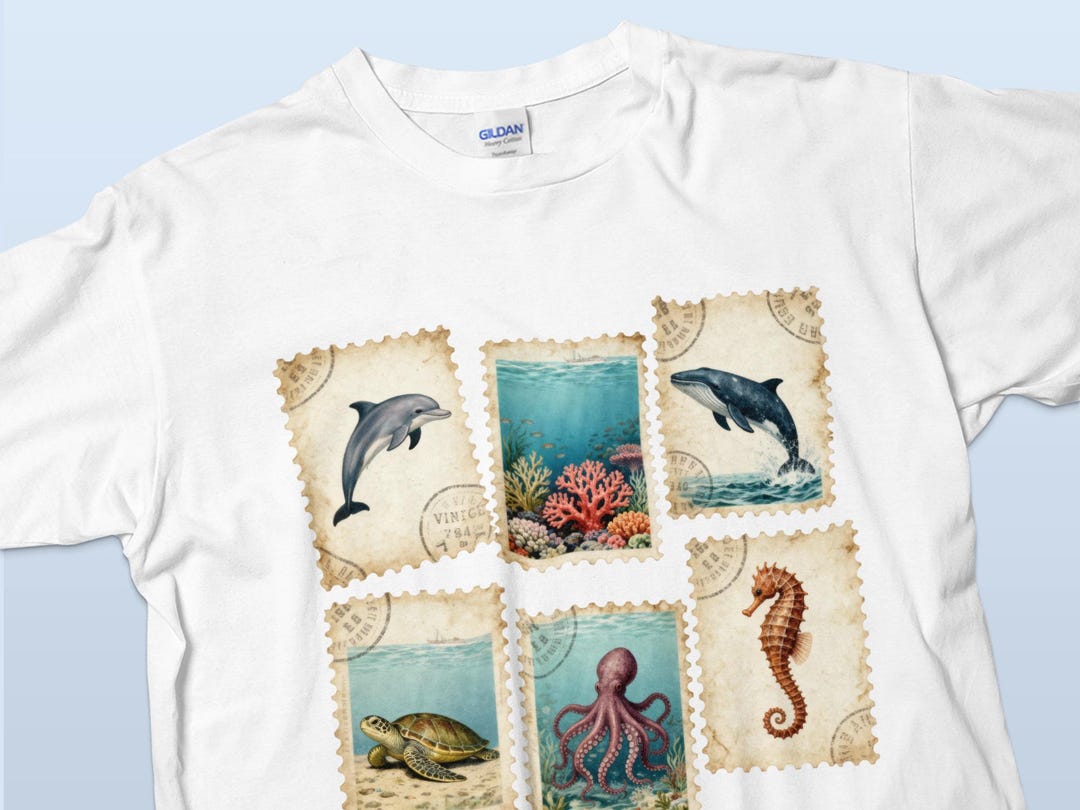 Sea Animals Postage Stamp Clipart, Marine Life PNG (digital Download ...