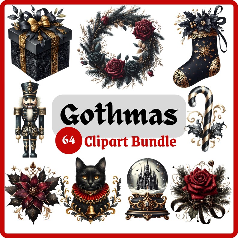 Gothic Christmas Clipart Bundle – Dark Holiday Watercolor PNG (digital ...