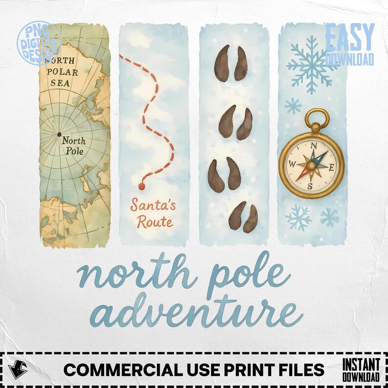 North Pole Adventure Clipart | Santa Map, Compass, Footprints (digital ...