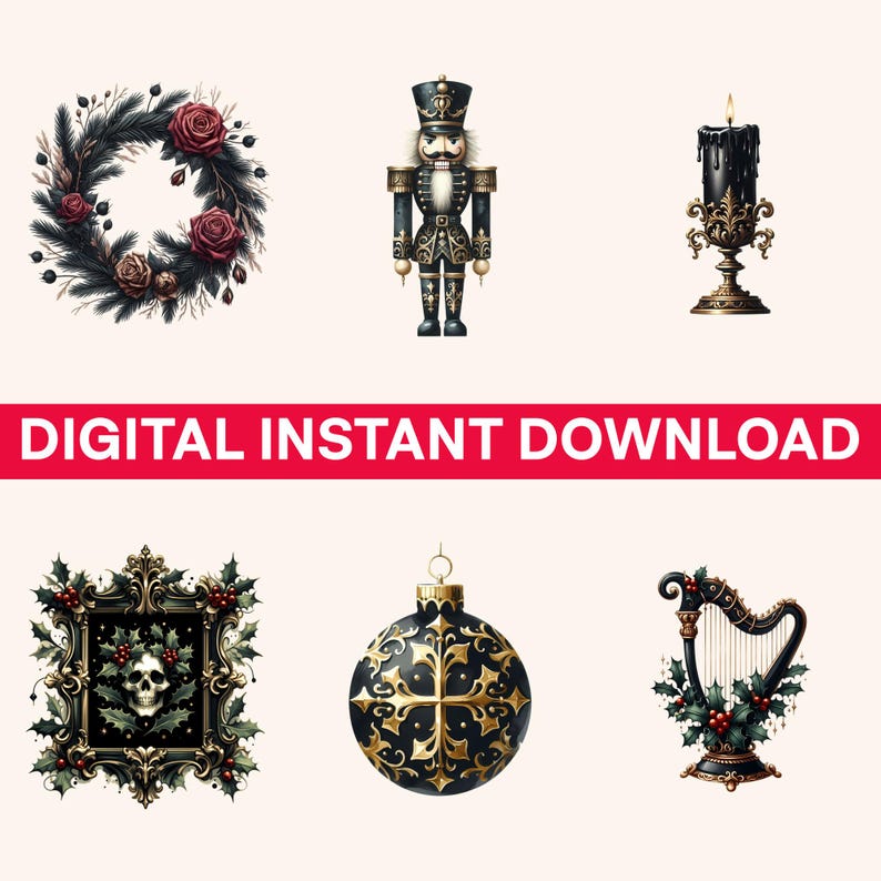 Gothic Christmas Clipart Bundle – Dark Holiday Watercolor PNG (digital ...