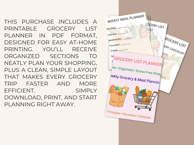 Grocery List Planner PDF – Meal Planning, Shopping Organizer, Instant ...